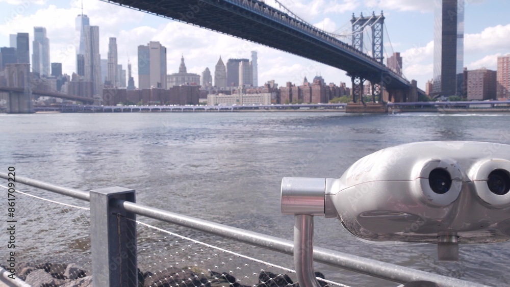 New York City Manhattan Bridge lookout, tower viewer binoculars ...
