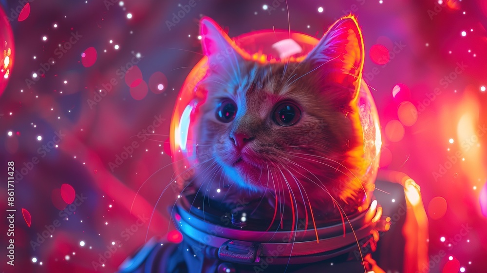 Cute little cat in space wearing spacesuit. Exploration concept, space ...