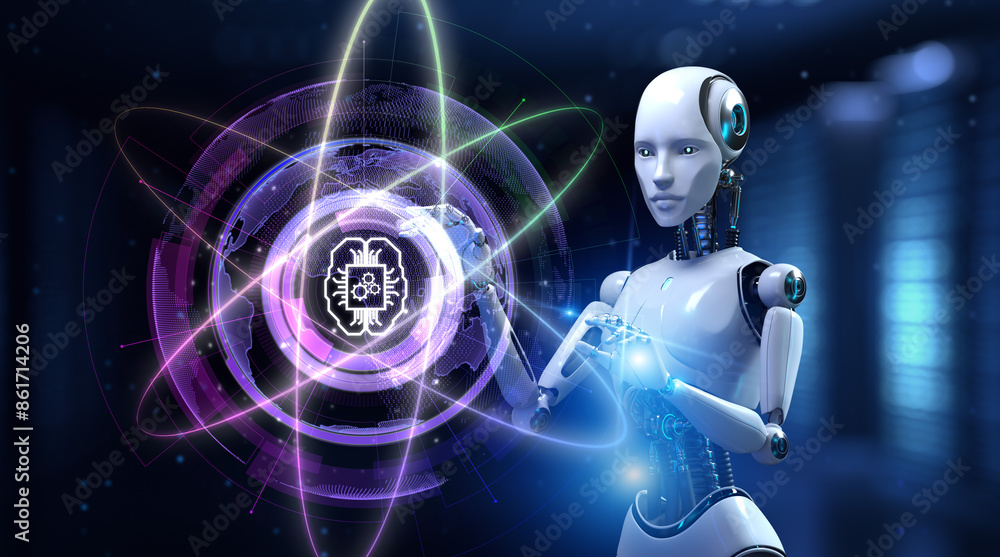 Ai Artificial intelligence concept neural network. Robot pressing button on screen 3d render ...