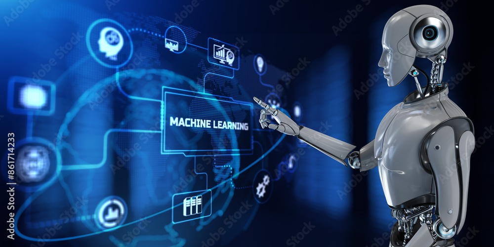 Machine learning artificial intelligence AI concept. Robot pressing button on screen 3d render ...