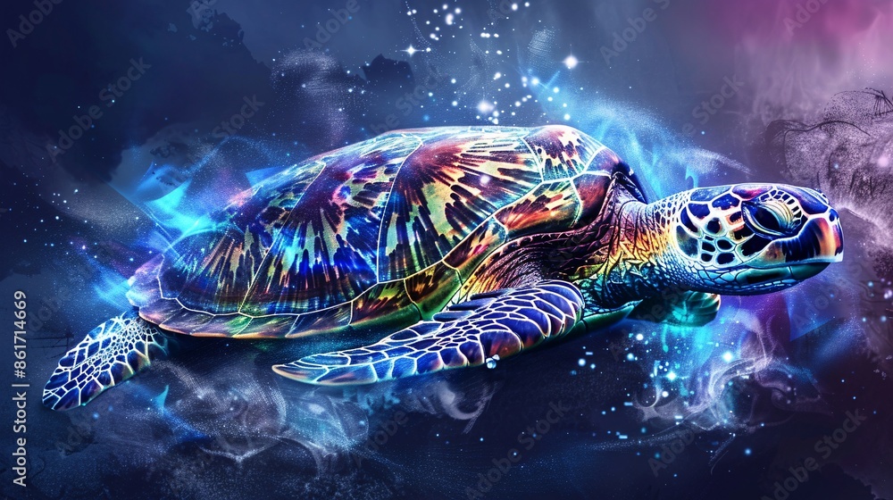 Fantasy watercolor artwork of a majestic sea turtle with a shell ...