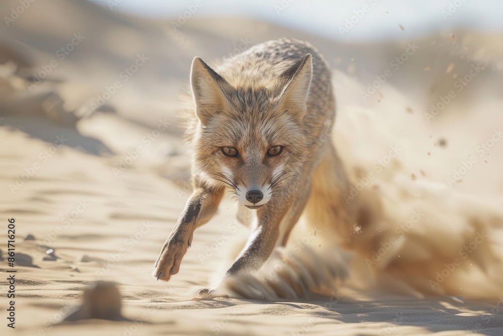 ภาพประกอบสต็อก hyperrealistic portrait of an alert desert fox midstride ...
