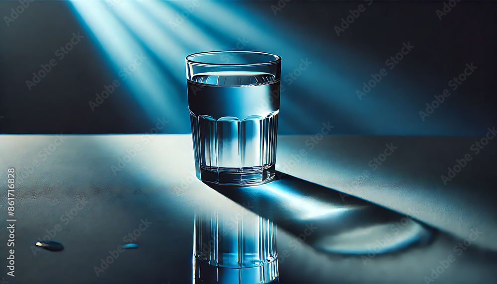 Image d'un verre d'eau clair sur une surface brillante Les reflets de ...