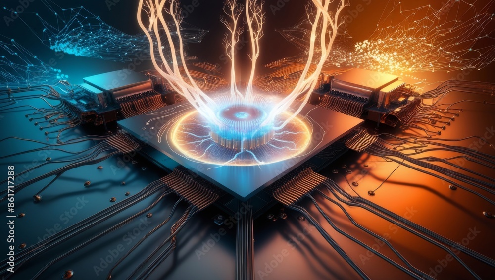 Abstract technology background featuring a quantum computing system with a processor and ...