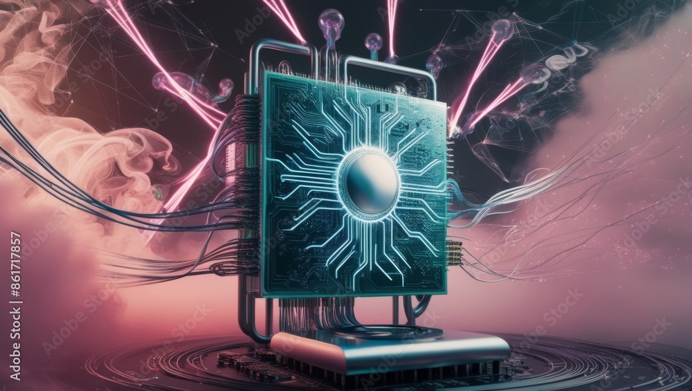 Abstract technology background featuring a quantum computing system with a processor and ...