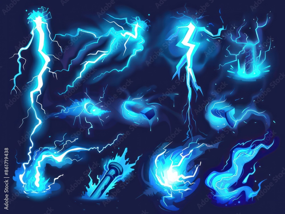 Cartoon lightning animation. Animated frames of electric strike, magic ...