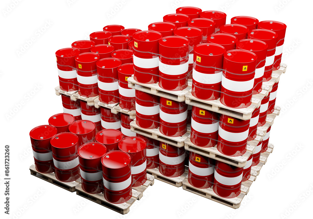 Barrels of gasoline. Fuel is stored on pallets. Barrels with ...