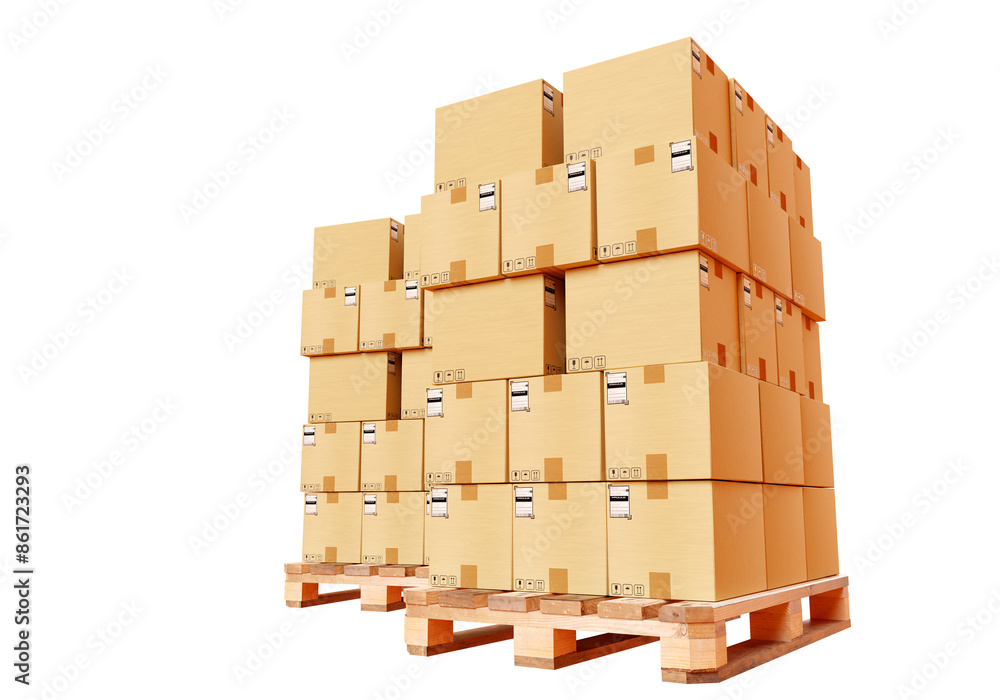 Pallets with boxes. Parcels on wooden pallets. Bunch of boxes are ...