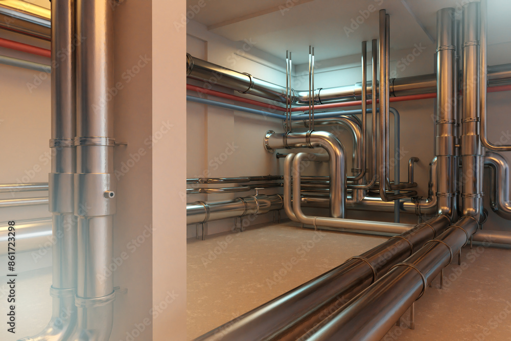 Industrial basement. Room with steel pipes. Room with aluminum pipeline ...