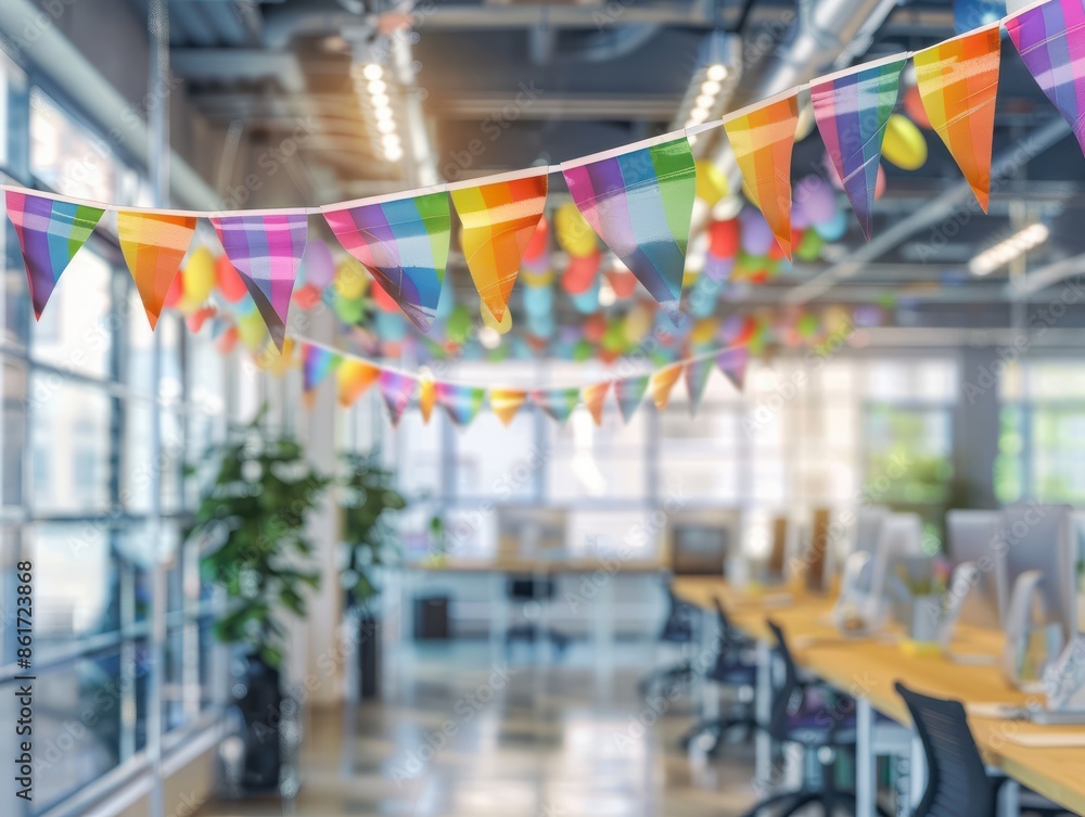 Pride month in the office. Blurred open plan vibrant creative workplace ...