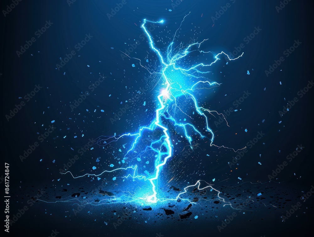 VFX effect of a lightning bolt striking the ground. Blue electric or ...