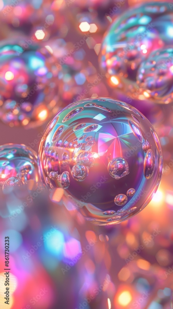 Shimmering spheres with a soft spectrum of colors appearing as if they ...