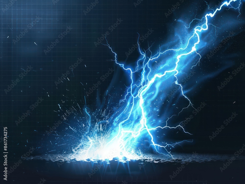VFX effect of a lightning bolt striking the ground. Blue electric or ...