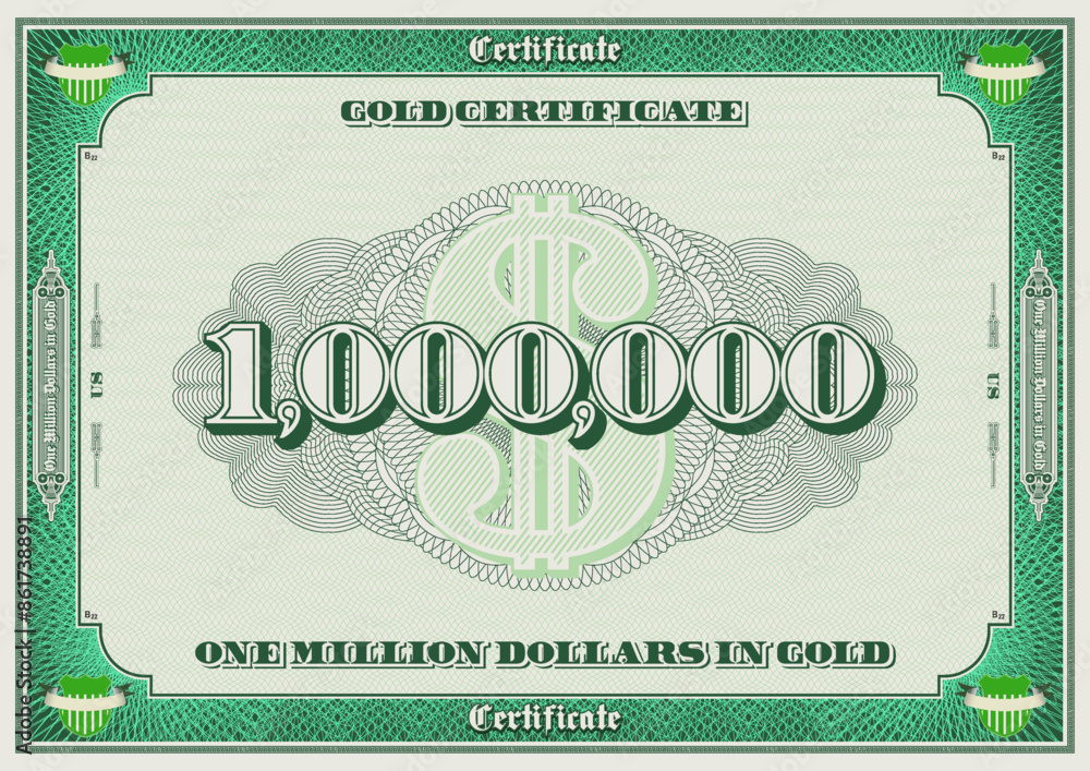 Vector gold certificate in denomination of one million dollars. Frames ...