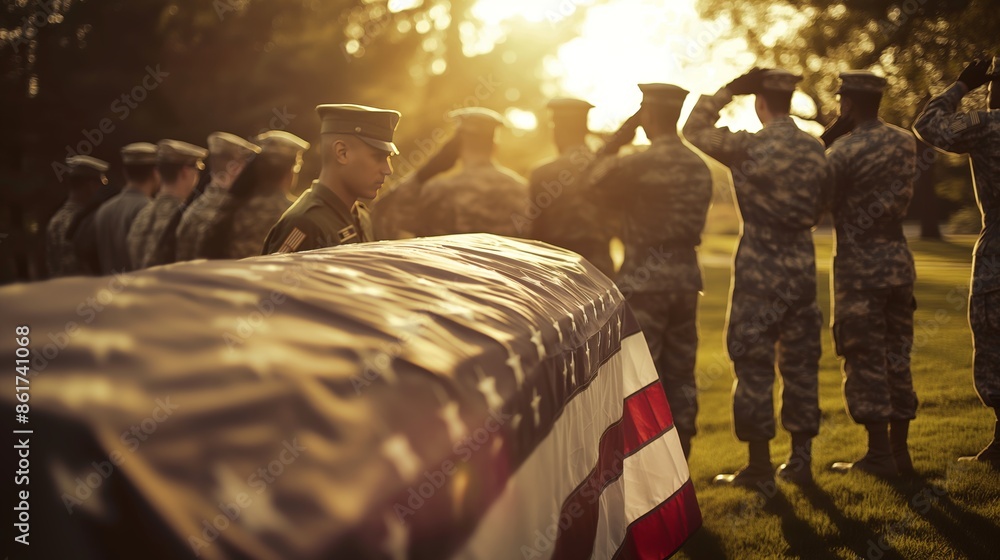 military officers saluting american flag draped over coffin at funeral for fallen soldier during ...