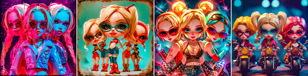 Collage, 4 photographs. Unique and quirky 3D chibi pin-up characters ...