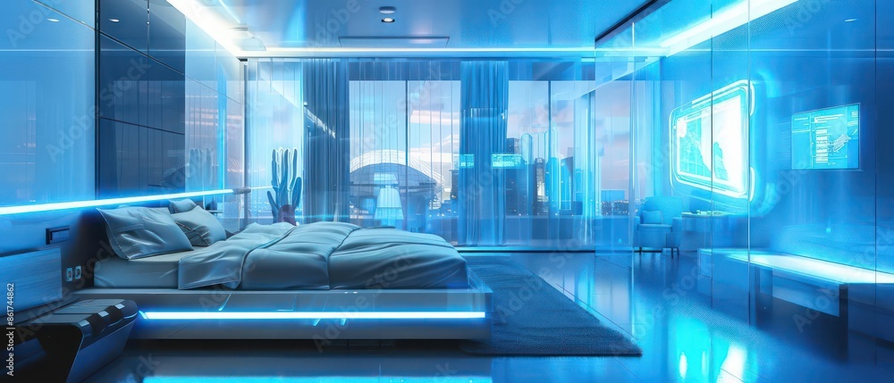 Fotografía Futuristic hotel room with smart glass windows that adjust ...