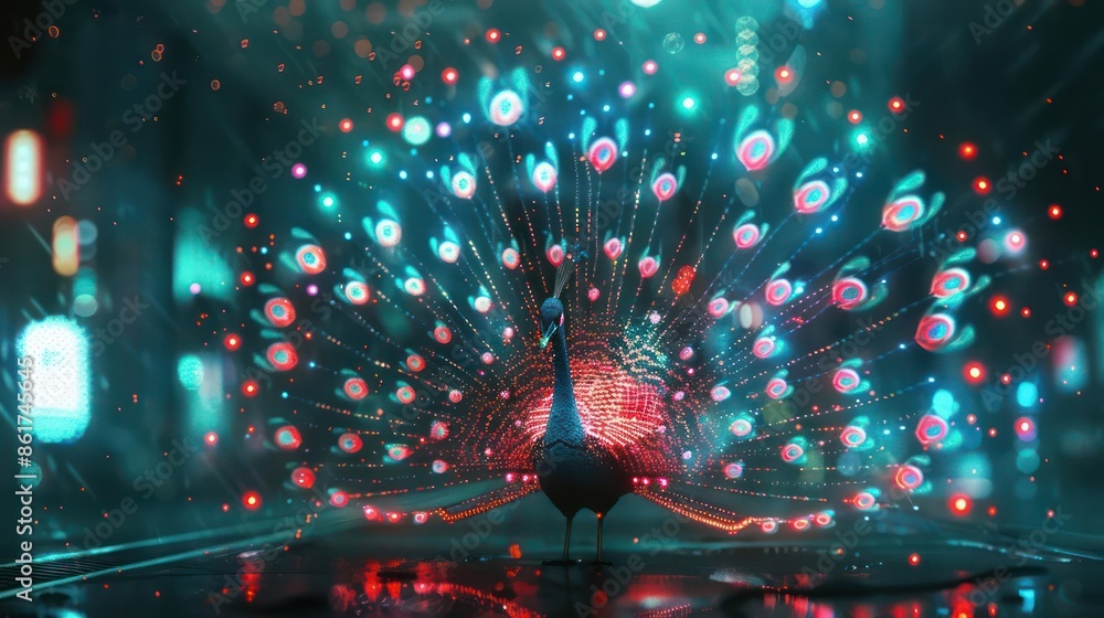 Hightech futuristic digital peacock with an intricate, glowing tail ...