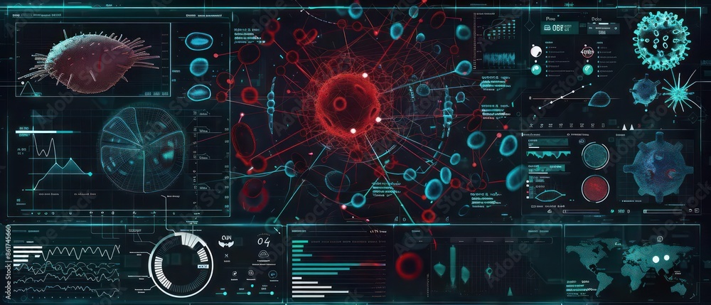 Hightech futuristic digital immunology dashboard with detailed immune response metrics and ...