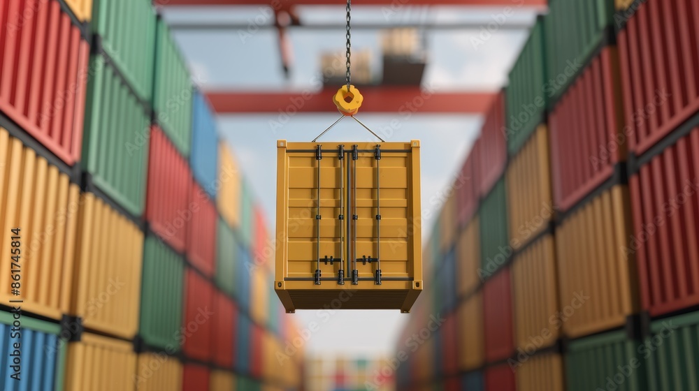 Detailed view of crane maneuvering empty shipping containers, logistics ...