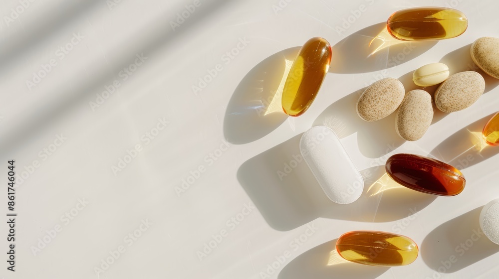 Diverse vitamins and supplements, casting detailed shadows on a ...