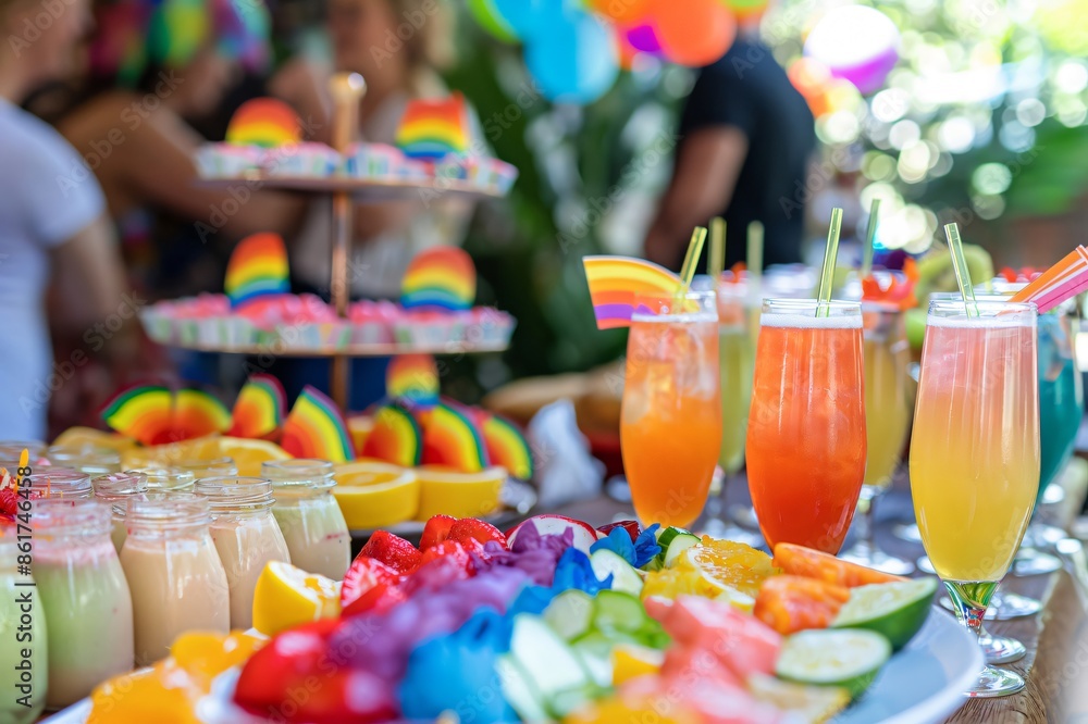 Brunch table setting celebrating pride month with rainbow colored food ...
