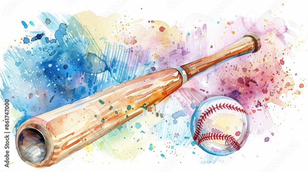 Watercolor clipart of a baseball bat and ball with soft, blended colors ...