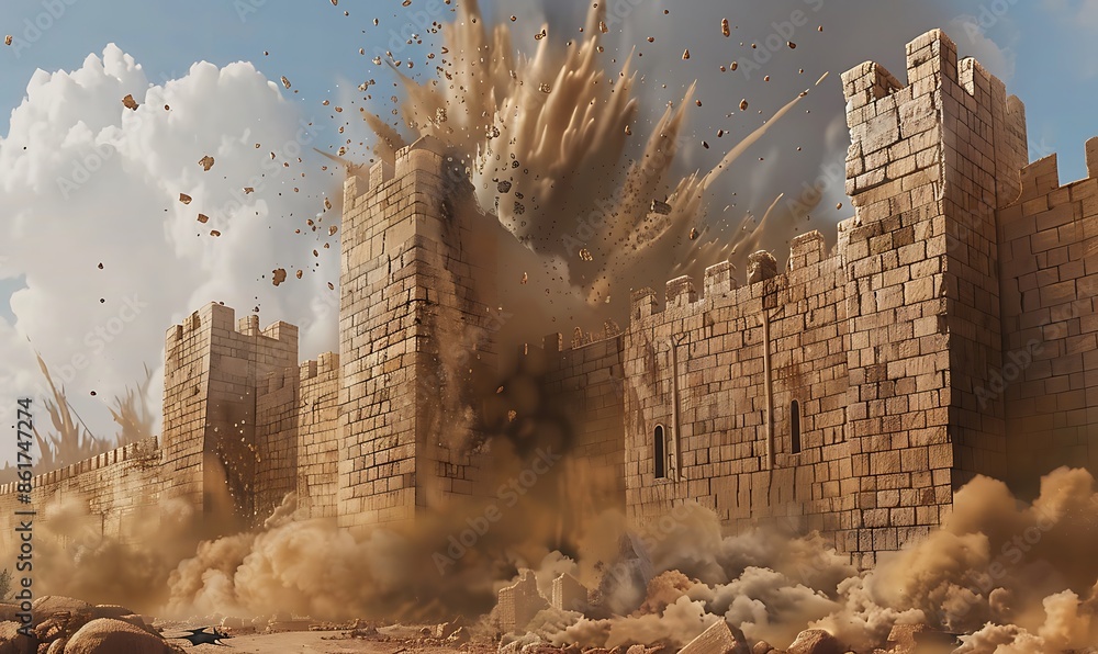 A detailed digital illustration showing Jericho's medieval castle walls ...