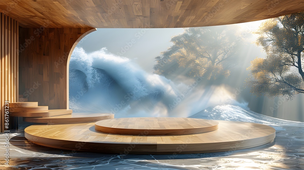 Modern wooden platform with a panoramic view of a large wave, blending ...