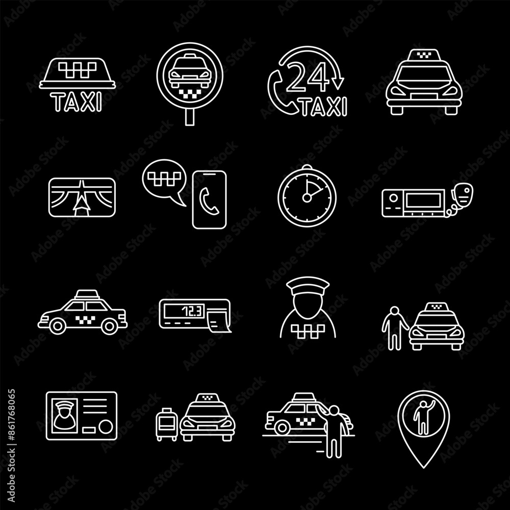 Taxis, white line icons. Icons for calling and riding taxis, driver ...