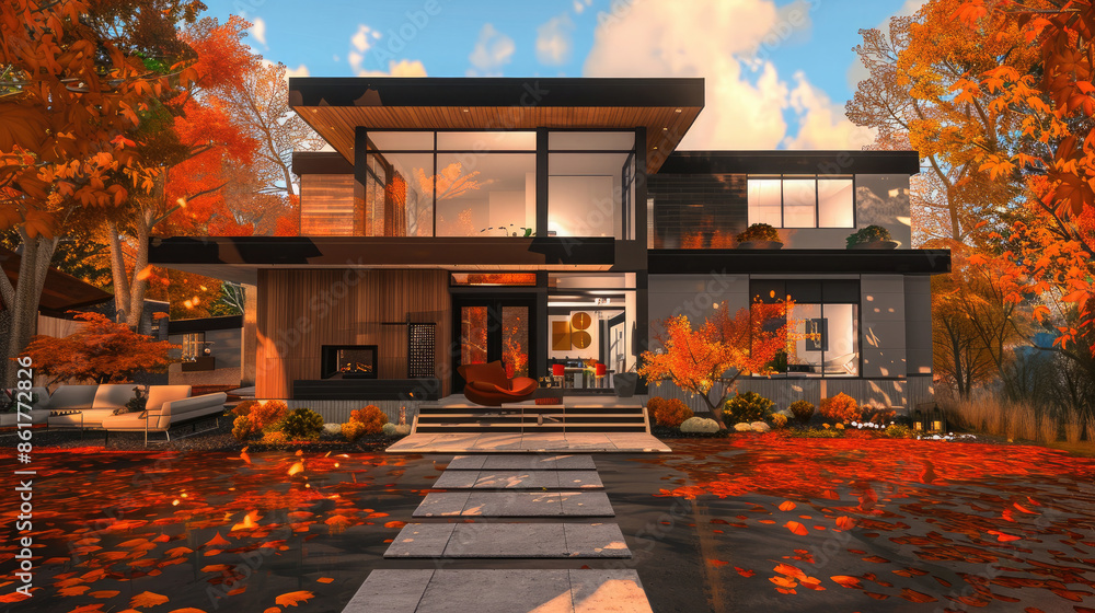 A new modern house adorned with fall foliage, blending sleek ...