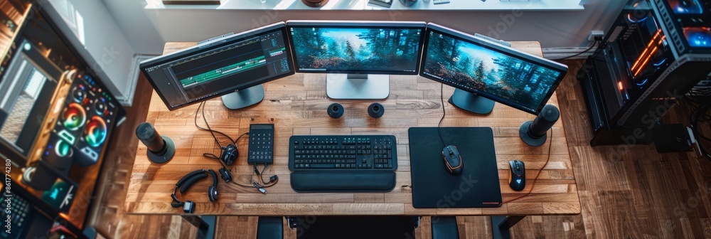 An overhead shot of a modern workspace featuring dual monitors, a ...