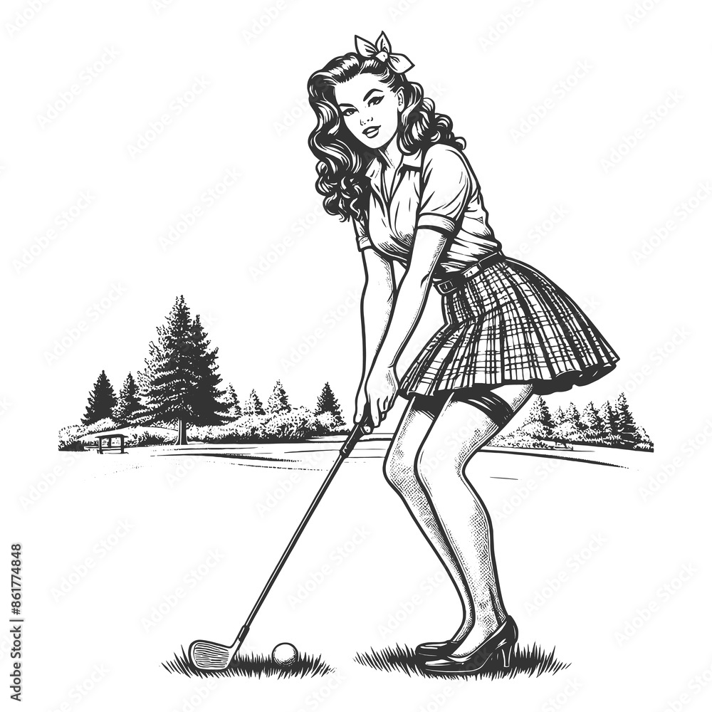 pin-up girl in a dynamic golf swing pose, combining sport and classic ...