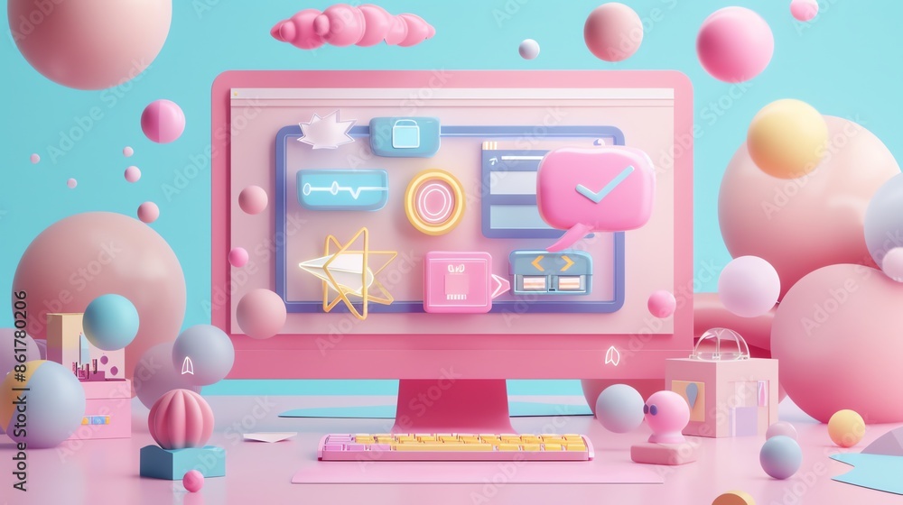 Pastel pink computer monitor displaying online shopping icons with ...