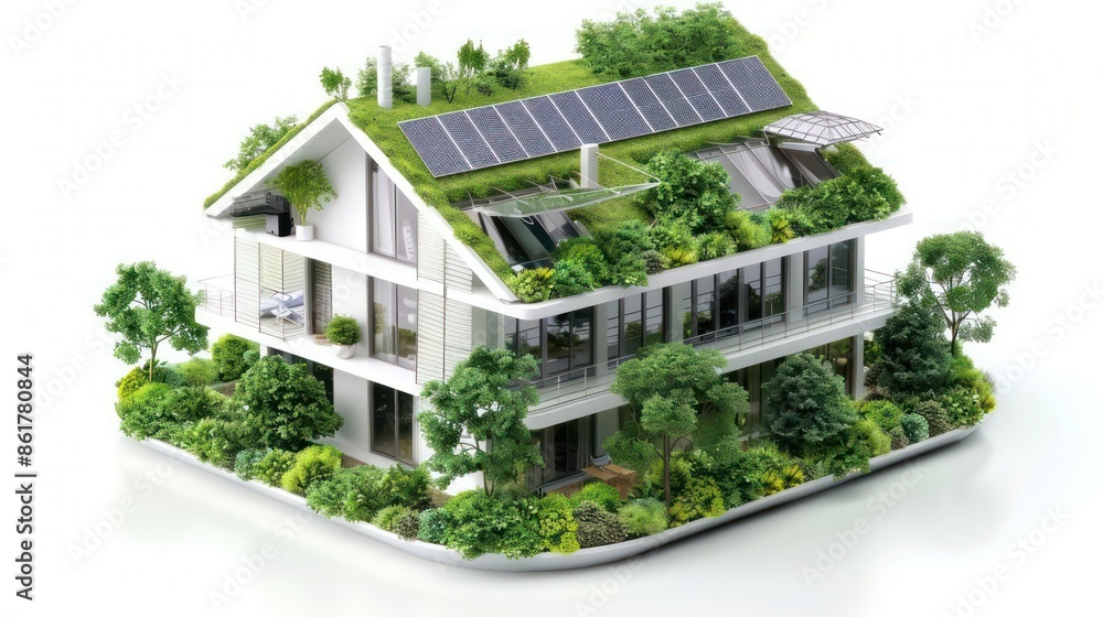 A green building small figure model with solar panels, green roofs, and ...