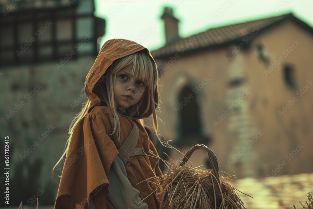 A serious medieval little girl in a cape gathering straw. Poor girl in ...