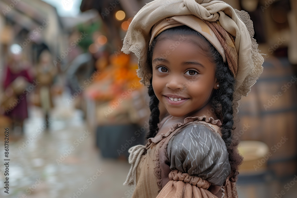 Little girl with braids dressed in clothes from the Middle Ages. A ...