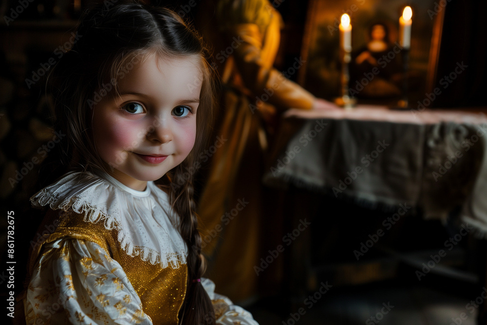 Little girl with braids dressed in clothes from the Middle Ages. A ...