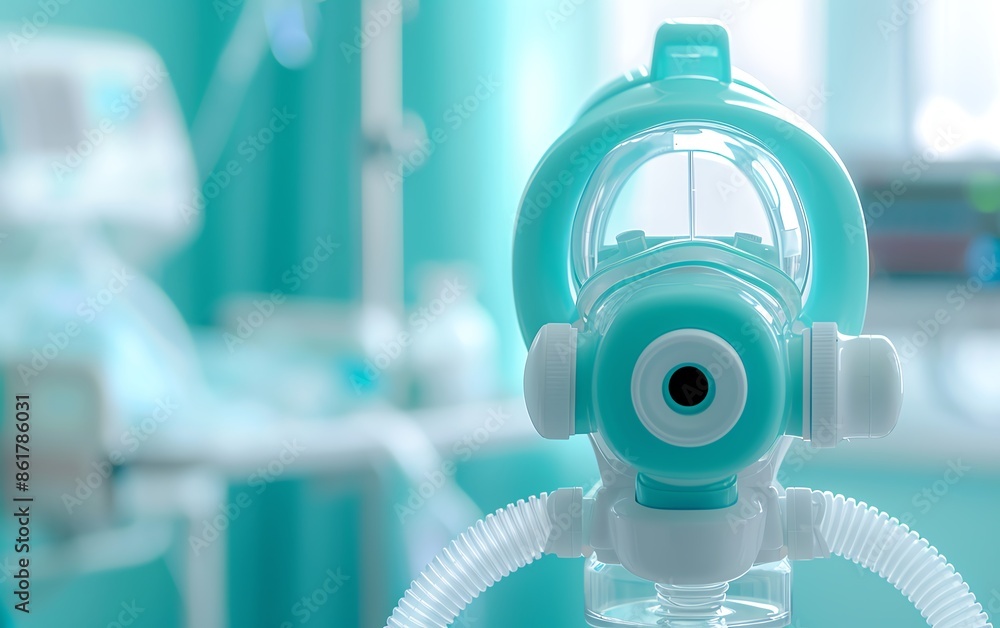 Foto de Patient lying in a hospital bed with an oxygen mask, hospital ...
