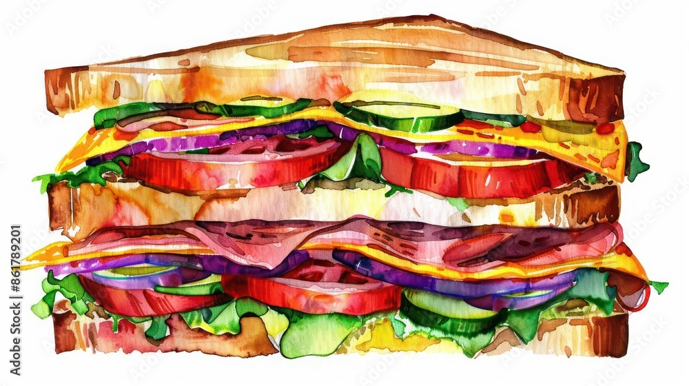 Watercolor clipart of a stacked sandwich with layers of meat, cheese ...