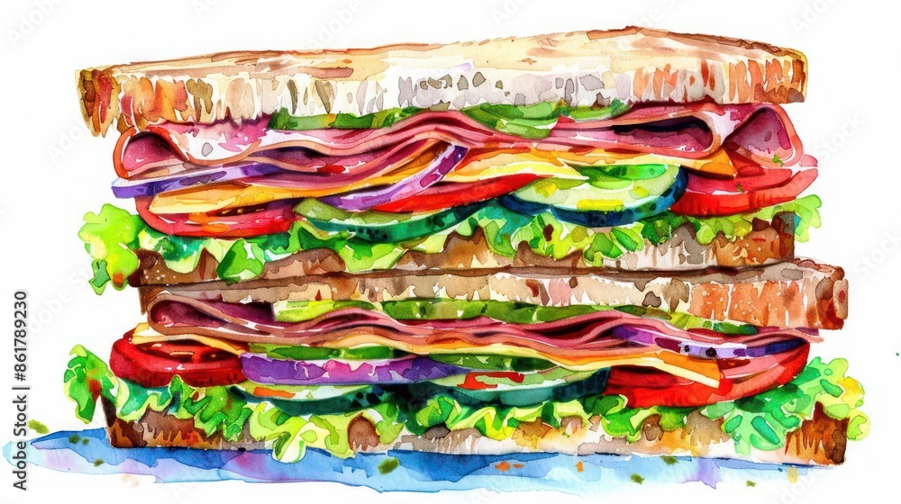 Watercolor clipart of a stacked sandwich with layers of meat, cheese ...