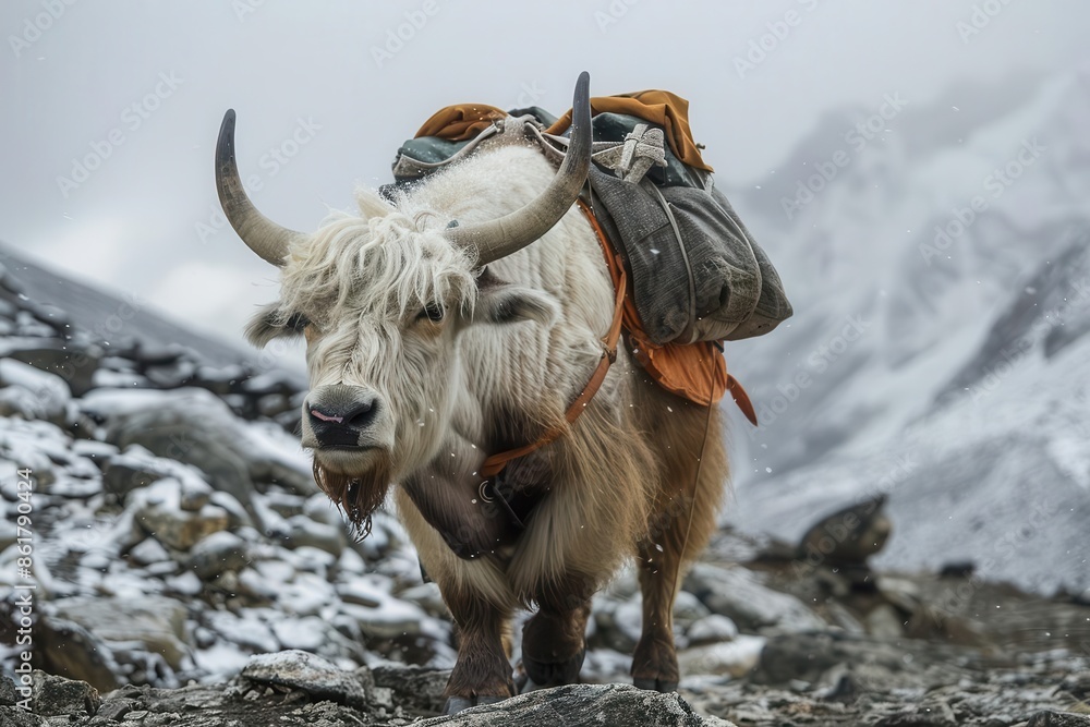 resilient yak trudging through rugged himalayan terrain laden with ...