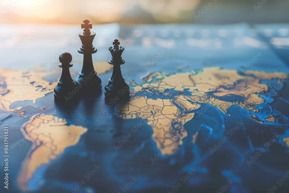 Geopolitics concept image with two chess pieces on a world map ...