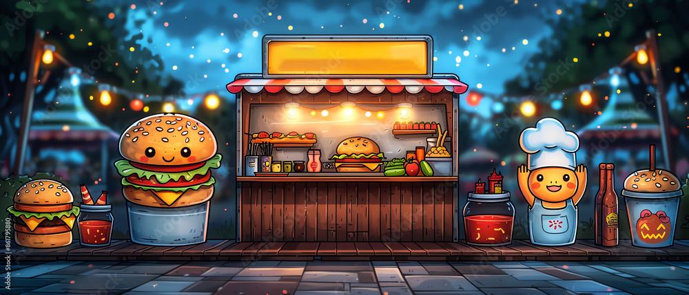 Whimsical cartoon food stall at night with adorable burgers and a cute ...
