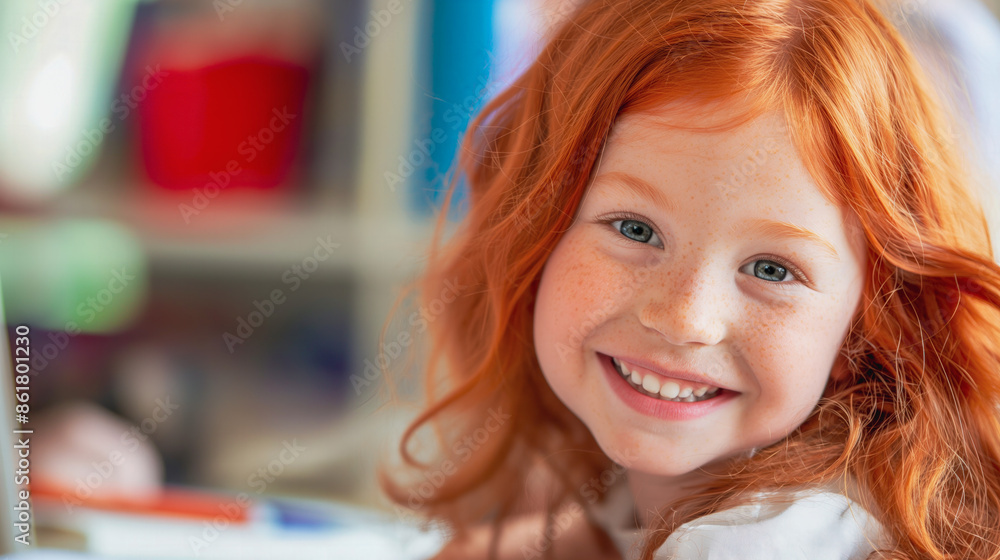 Smiling red-haired girl with freckles in classroom. Concept: education ...