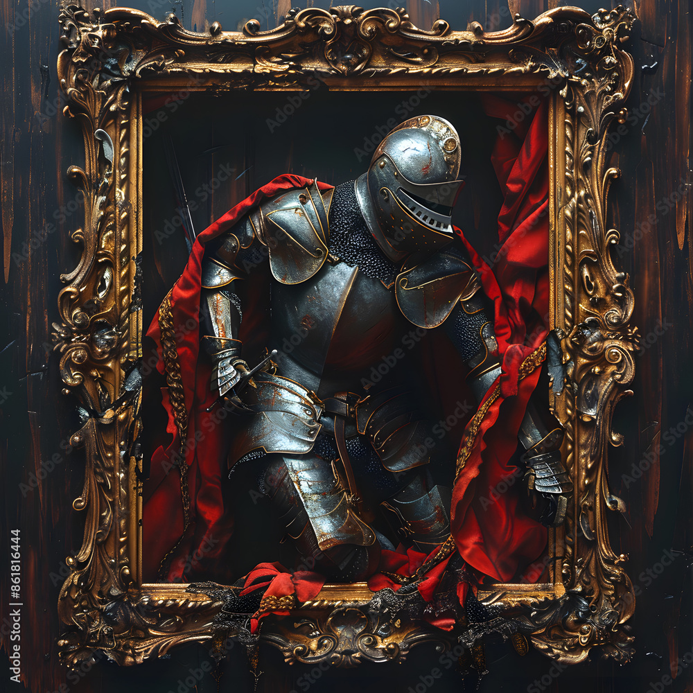 Living painting, knight in full armor is depicted in an ornate gold ...