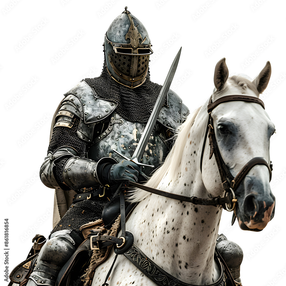 Medieval knight clad in full armor, including helmet with visor, rides ...