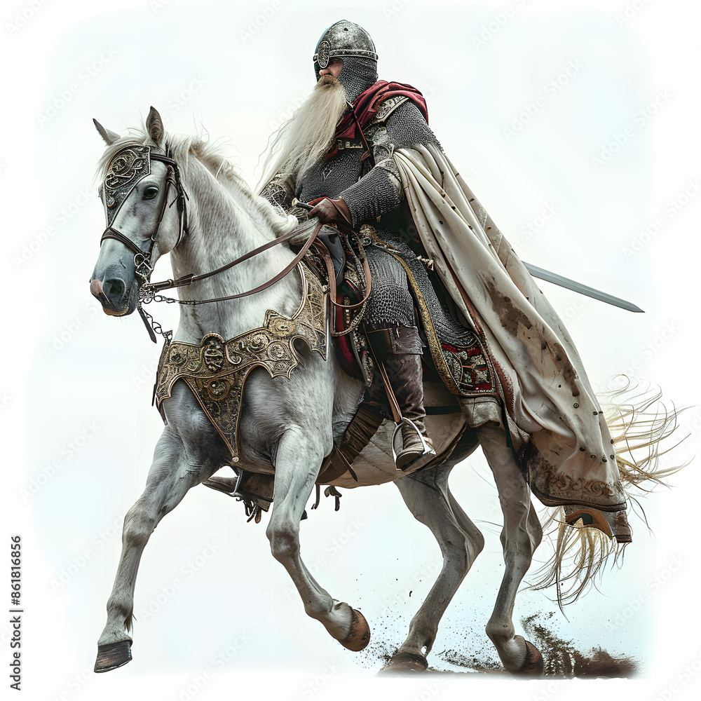Medieval russian knight in full armor riding white horse, on white ...