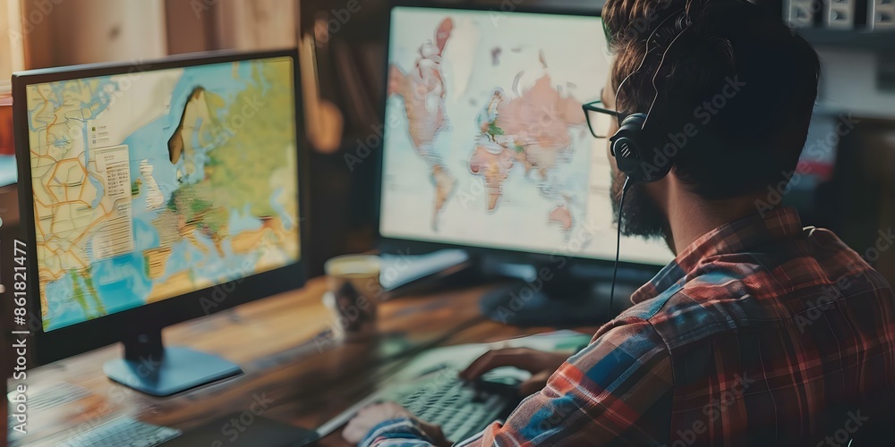 Man analyzing geographic data on computer with maps on desk. Concept ... Man analyzing geographic data on computer with maps on desk. Concept ...