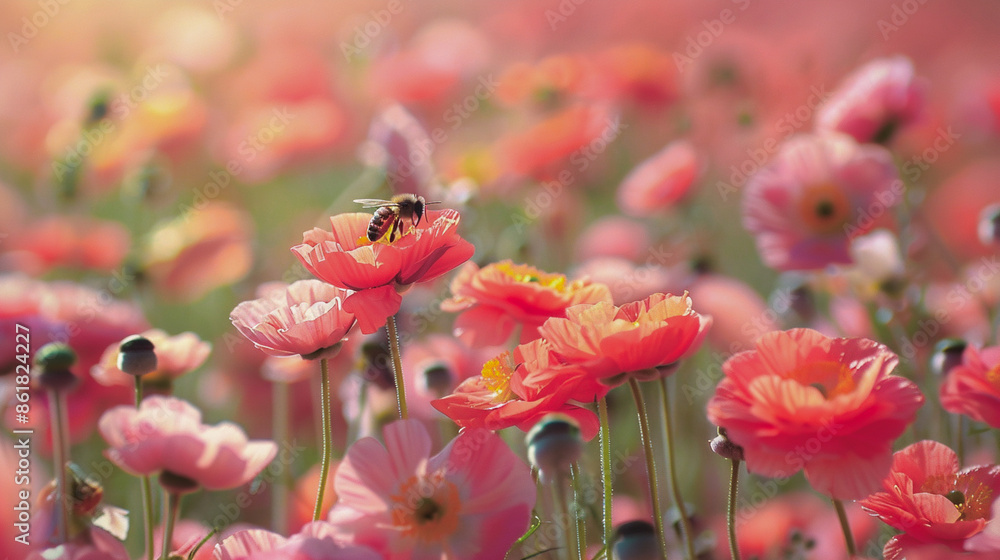 Abejas volando encima de un campo de flores rojas al aire libre en un ...